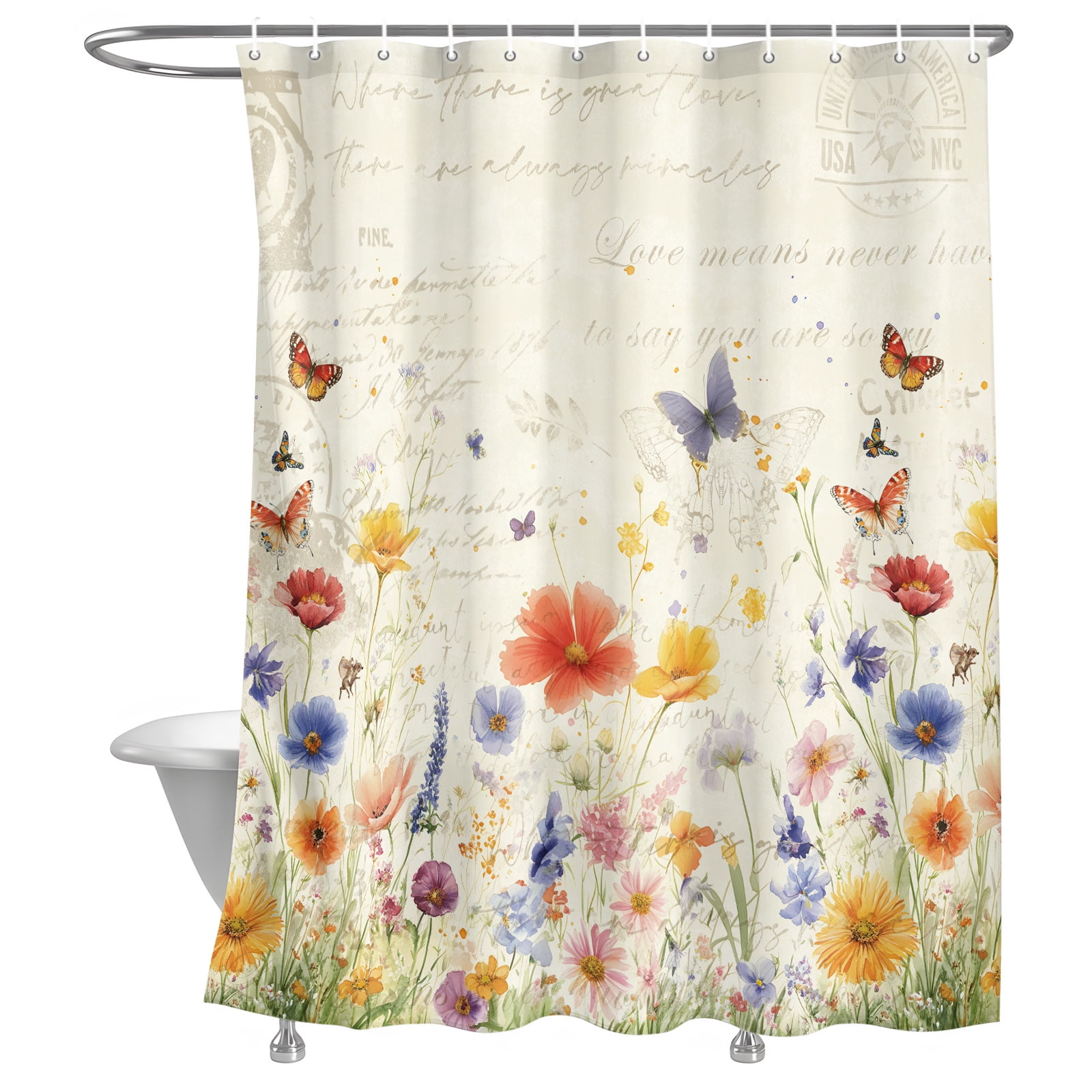 Bathroom Shower Curtain Spring Colorful Flower Butterfly Waterproof ...