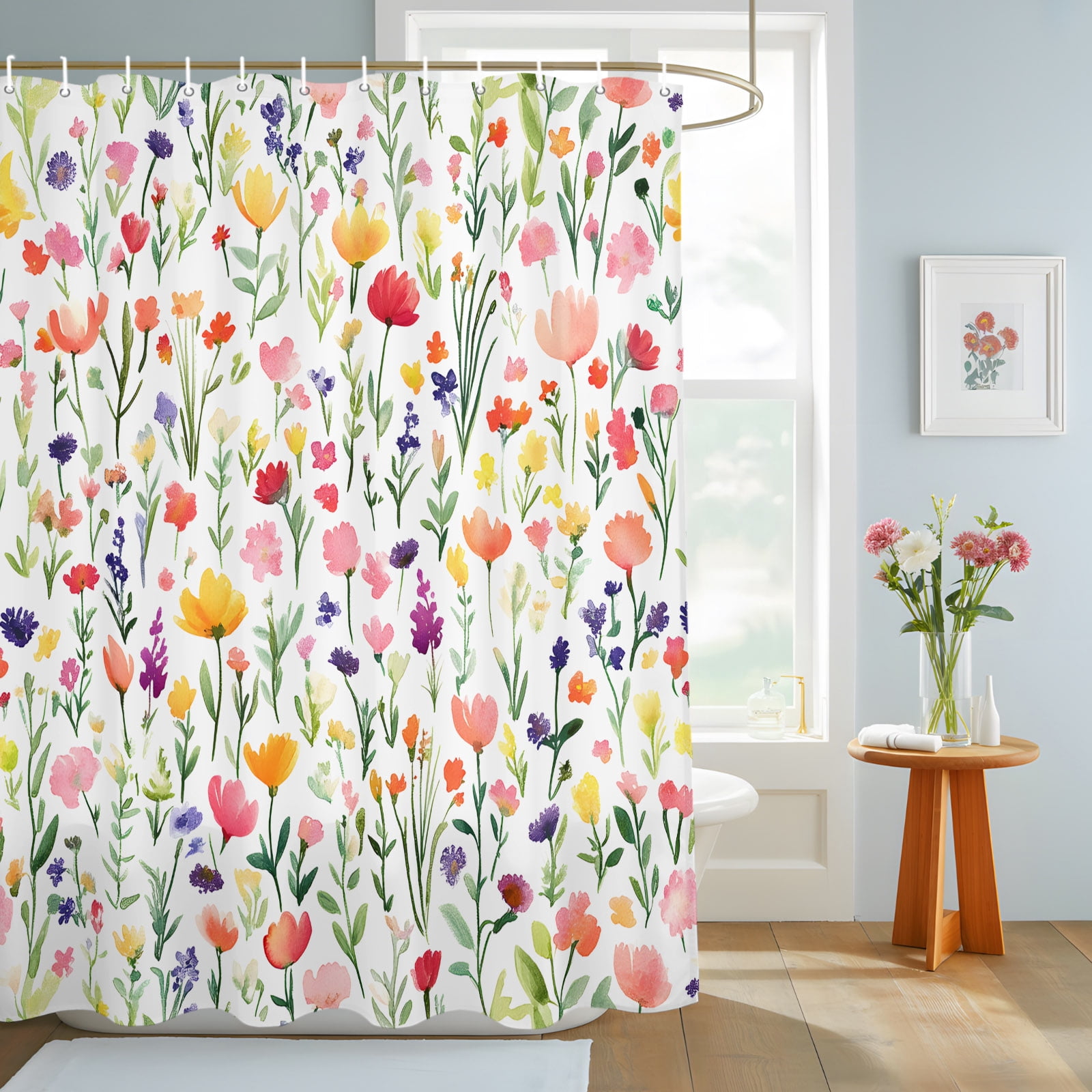 Bathroom Shower Curtain Spring Colorful Flower Green Leaves Waterproof ...