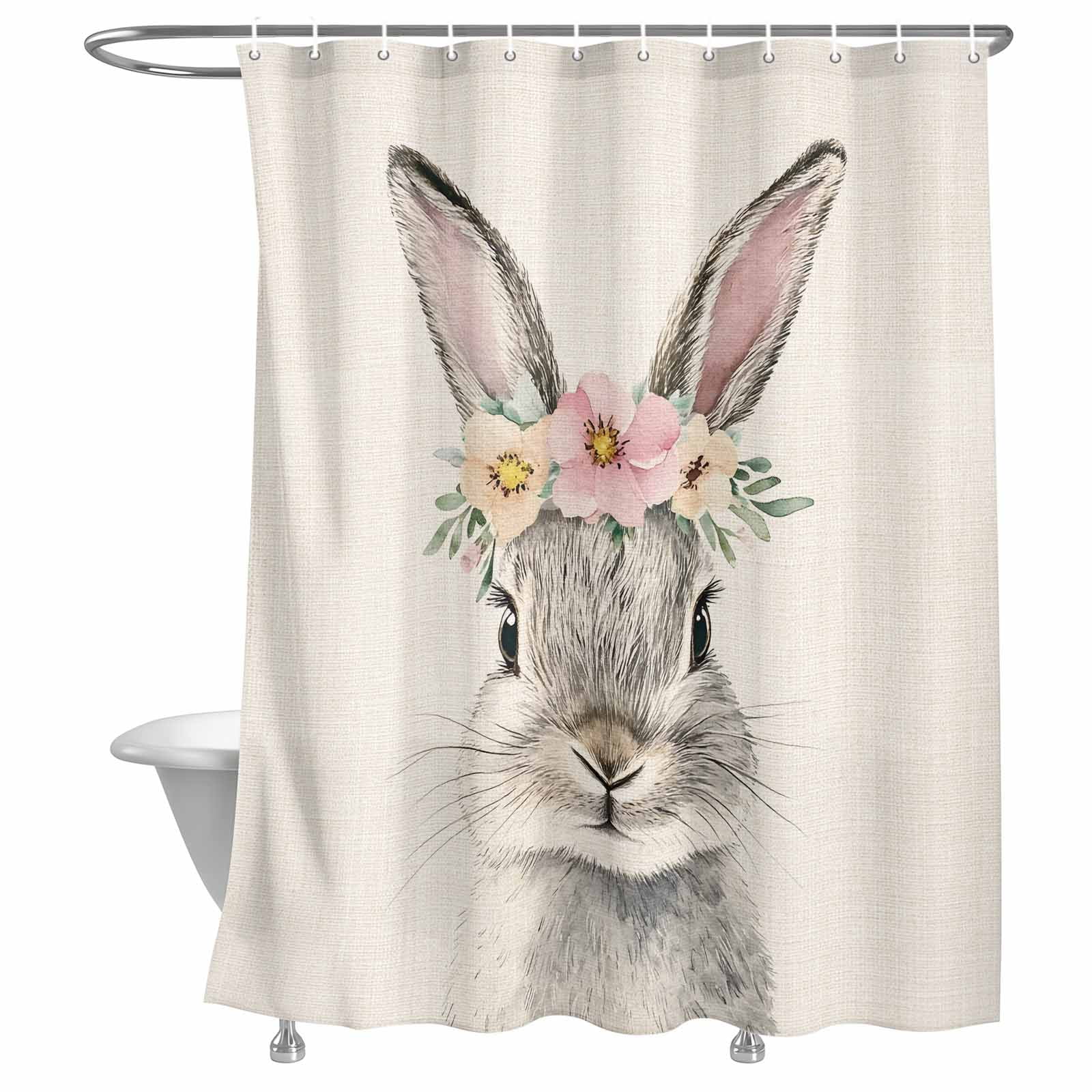 Bathroom Shower Curtain Spring Easter Rabbit Flower on Vintage Linen ...