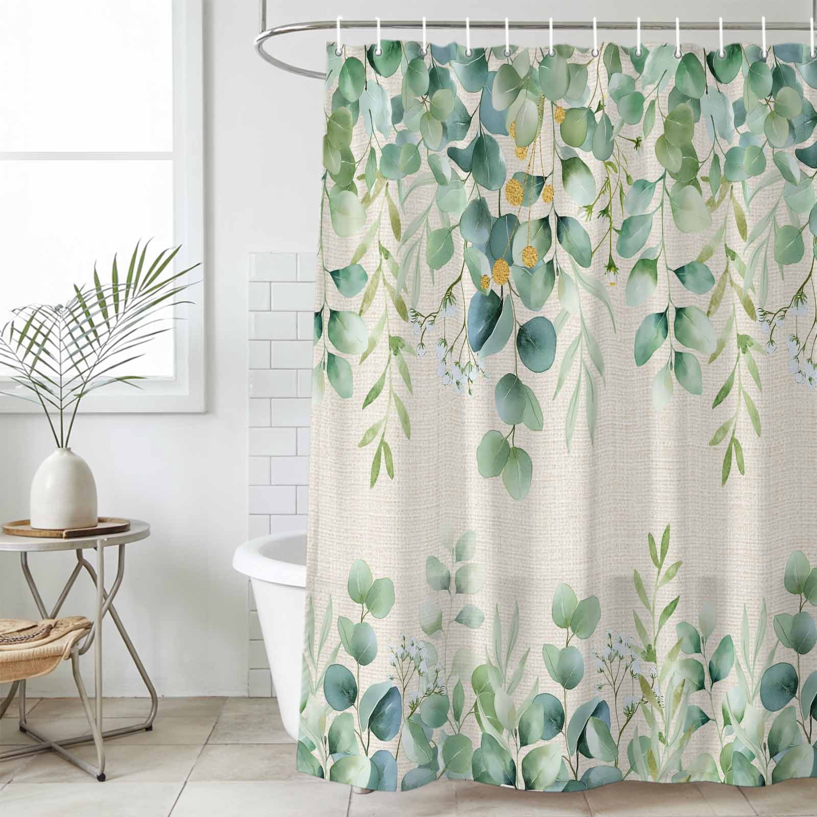 Bathroom Shower Curtain Spring Eucalyptus Leaves on Linen Waterproof ...