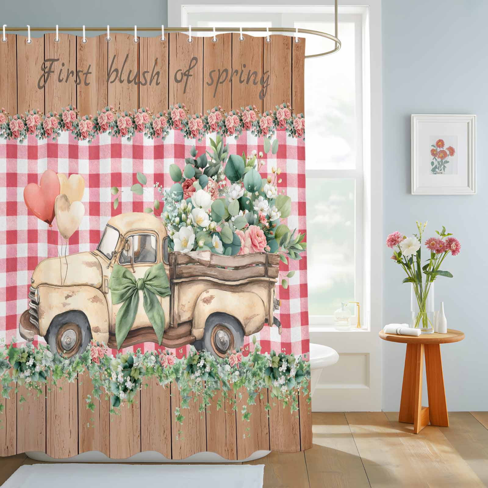 Bathroom Shower Curtain Spring Floral Farm Yellow Truck Waterproof ...