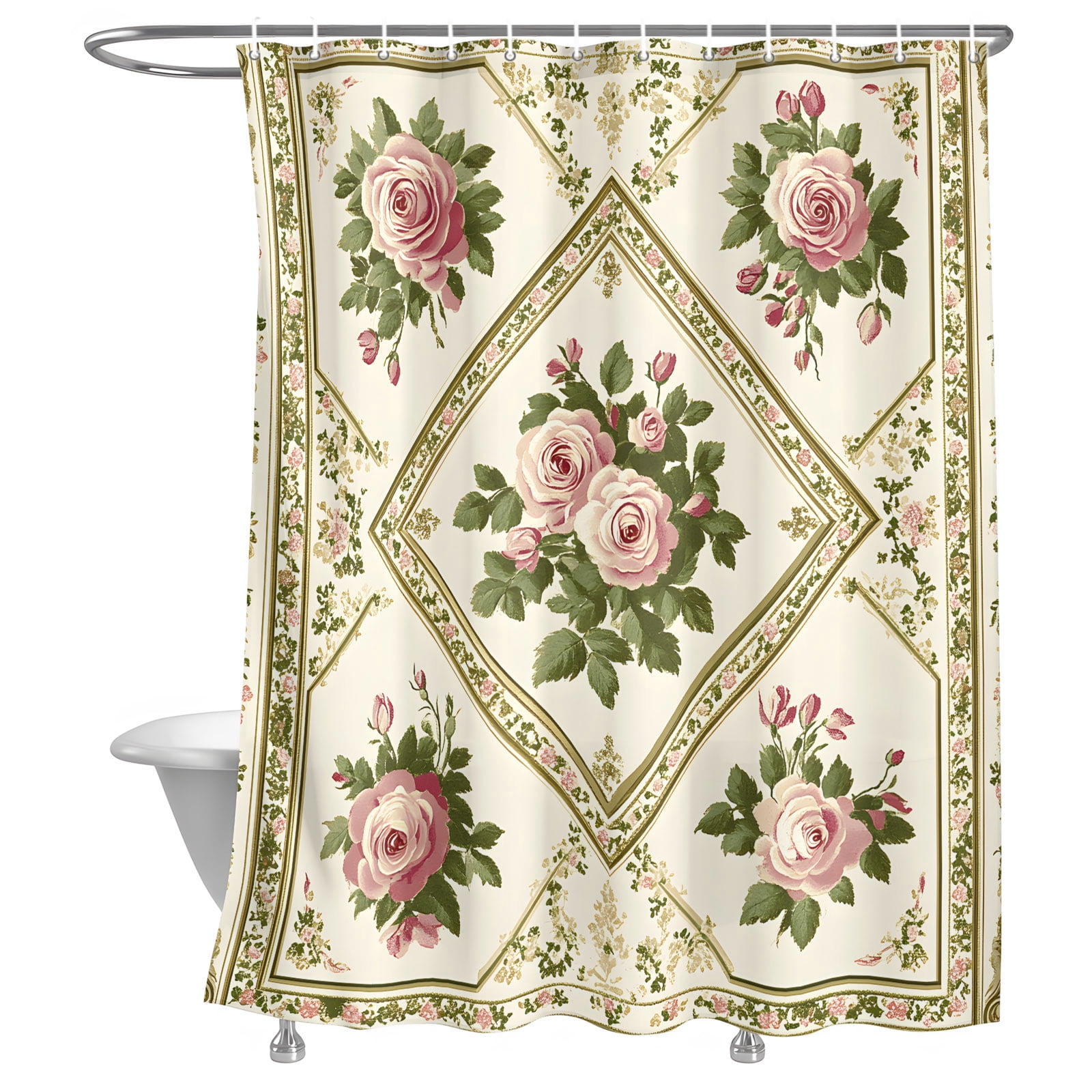 Bathroom Shower Curtain Spring Floral Pink Rose Botanical Waterproof ...