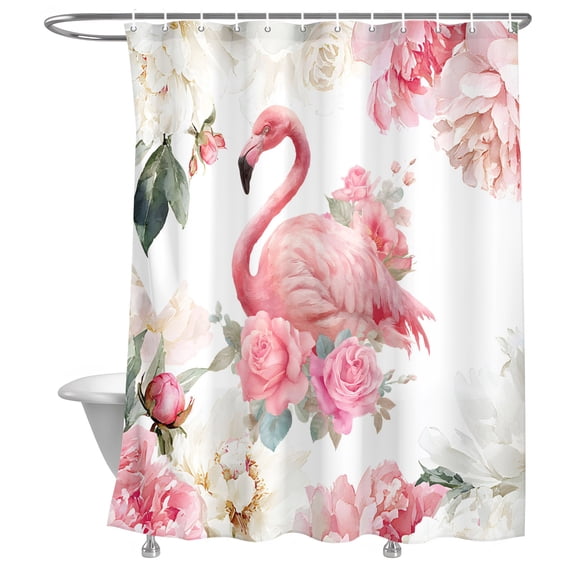 Bathroom Shower Curtain Spring Flower Pink Flamingo Waterproof Shower ...