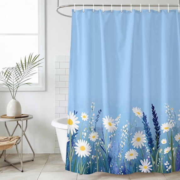 Bathroom Shower Curtain Spring Flower White Daisy on Blue Waterproof ...