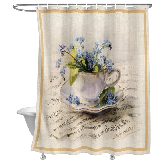 Bathroom Shower Curtain Spring Flowers Tea Cup Musical Score Waterproof ...