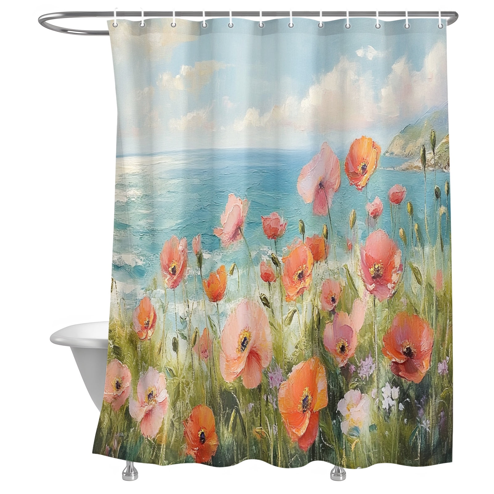Bathroom Shower Curtain Spring Gradient Pink Wild Flowers Waterproof ...