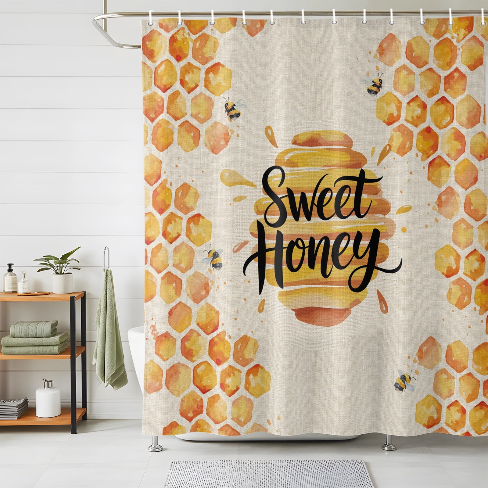 Bathroom Shower Curtain Spring Orange Bee Nests on Vintage Linen ...