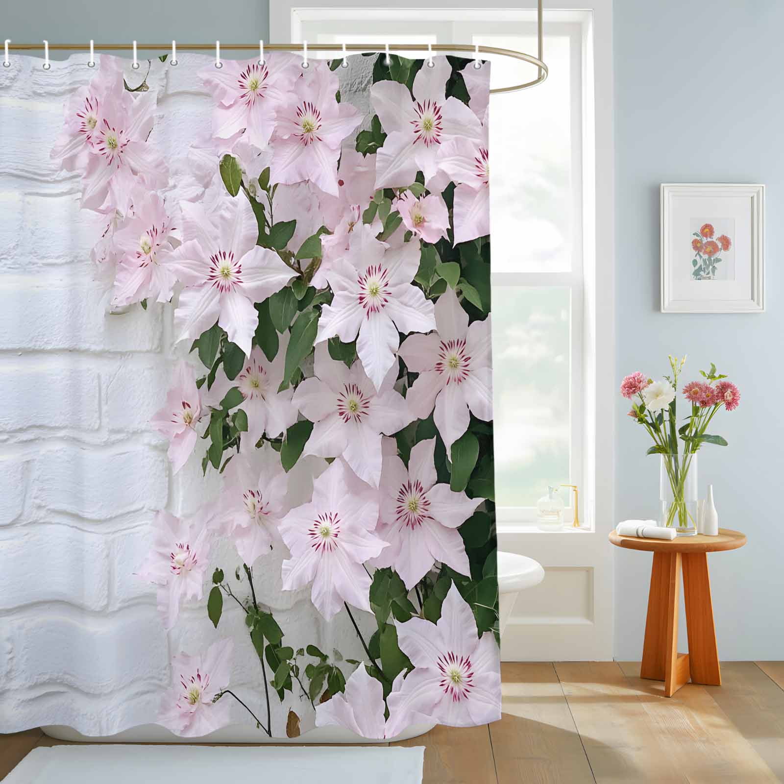Bathroom Shower Curtain Spring Pastoral Flowers on Wall Waterproof ...