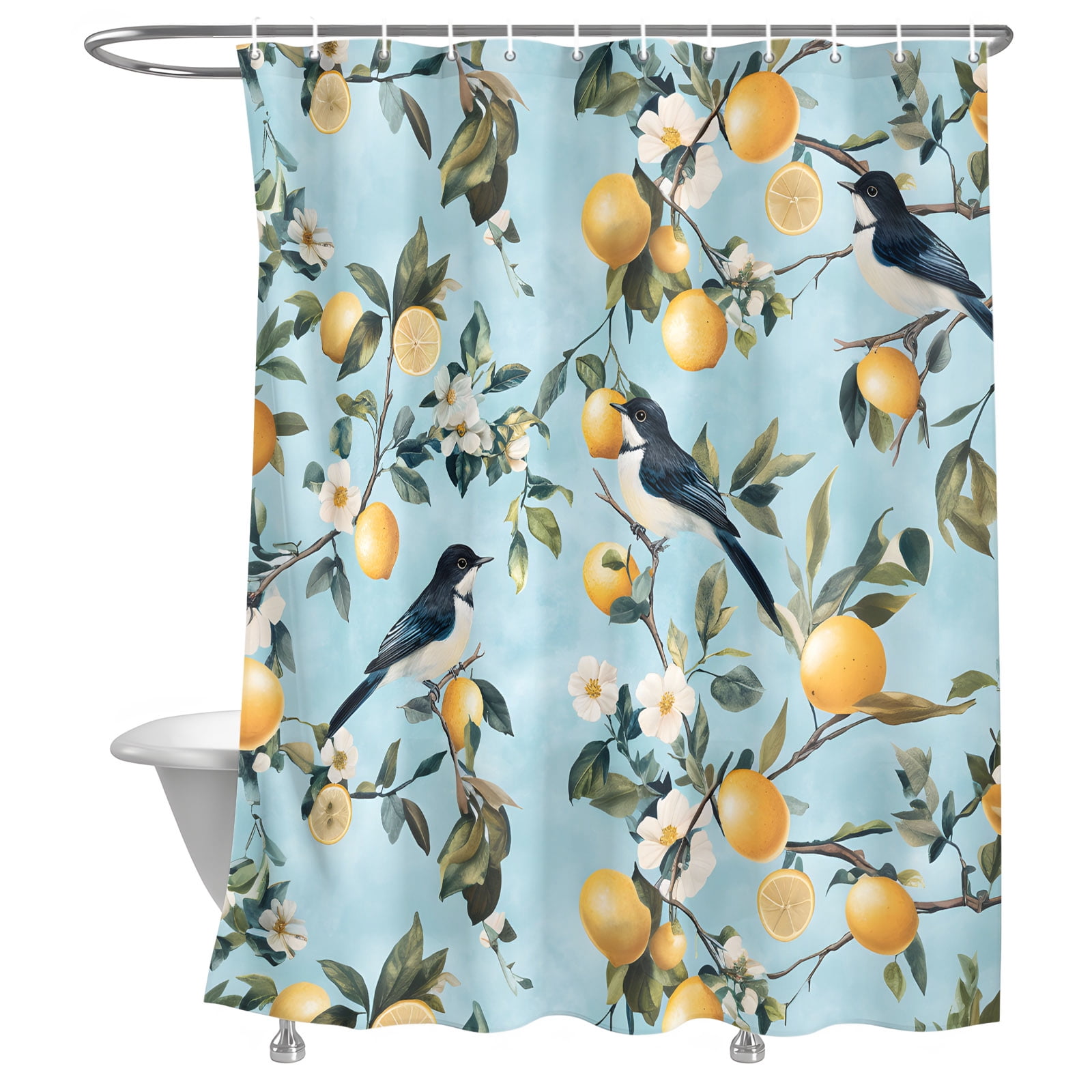 Bathroom Shower Curtain Spring Pastoral Lemon Bird on Blue Waterproof ...