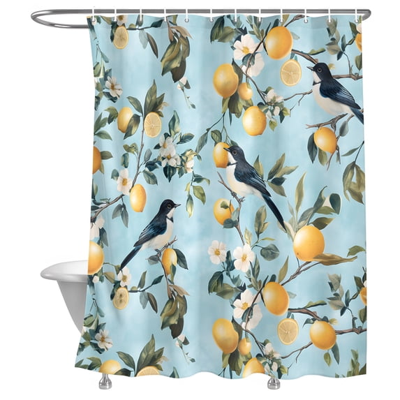 Bathroom Shower Curtain Spring Pastoral Lemon Bird on Blue Waterproof ...
