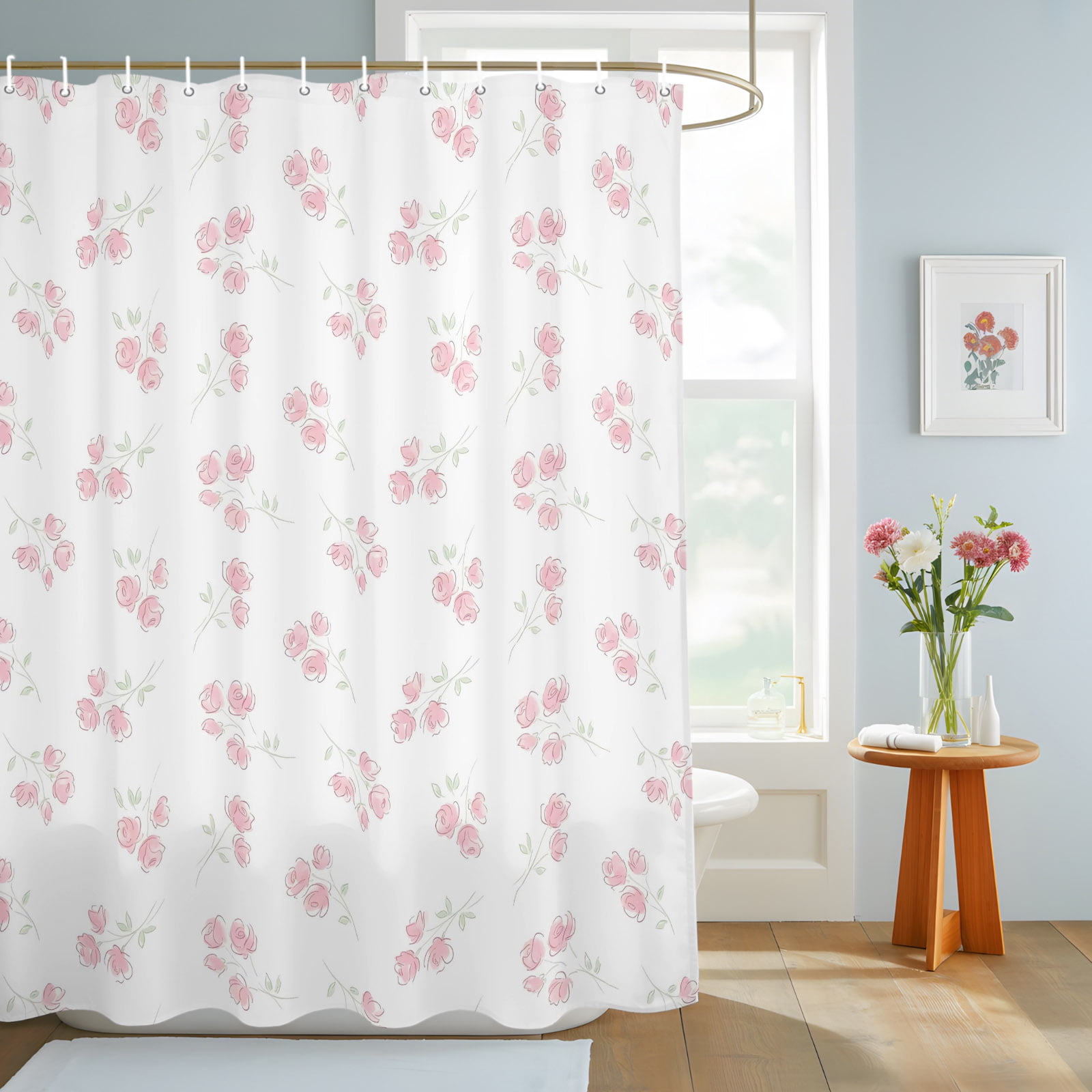 Bathroom Shower Curtain Spring Pink Carnation Flower Sketch Waterproof ...