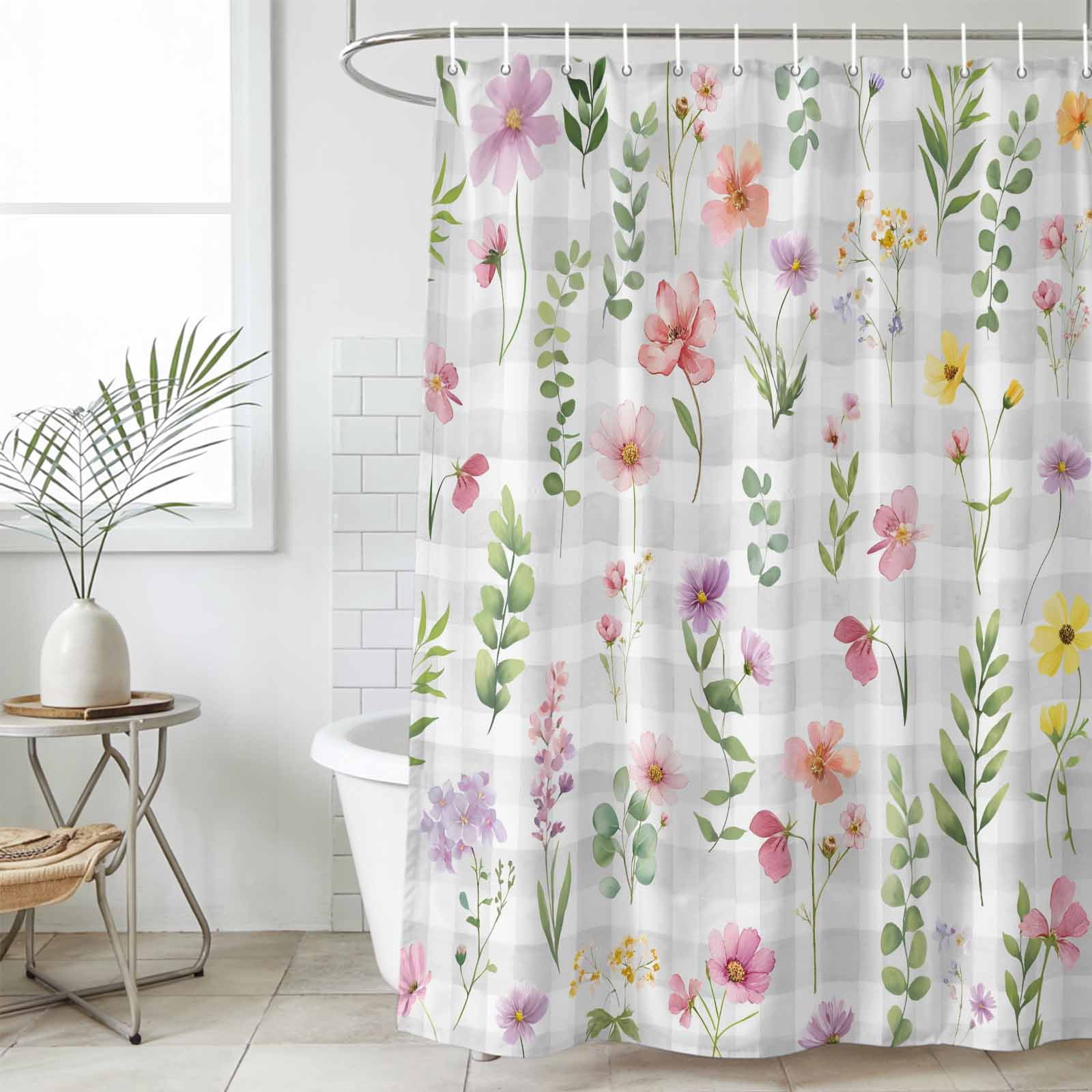 Bathroom Shower Curtain Spring Pink Yellow Purple Flowers Waterproof ...