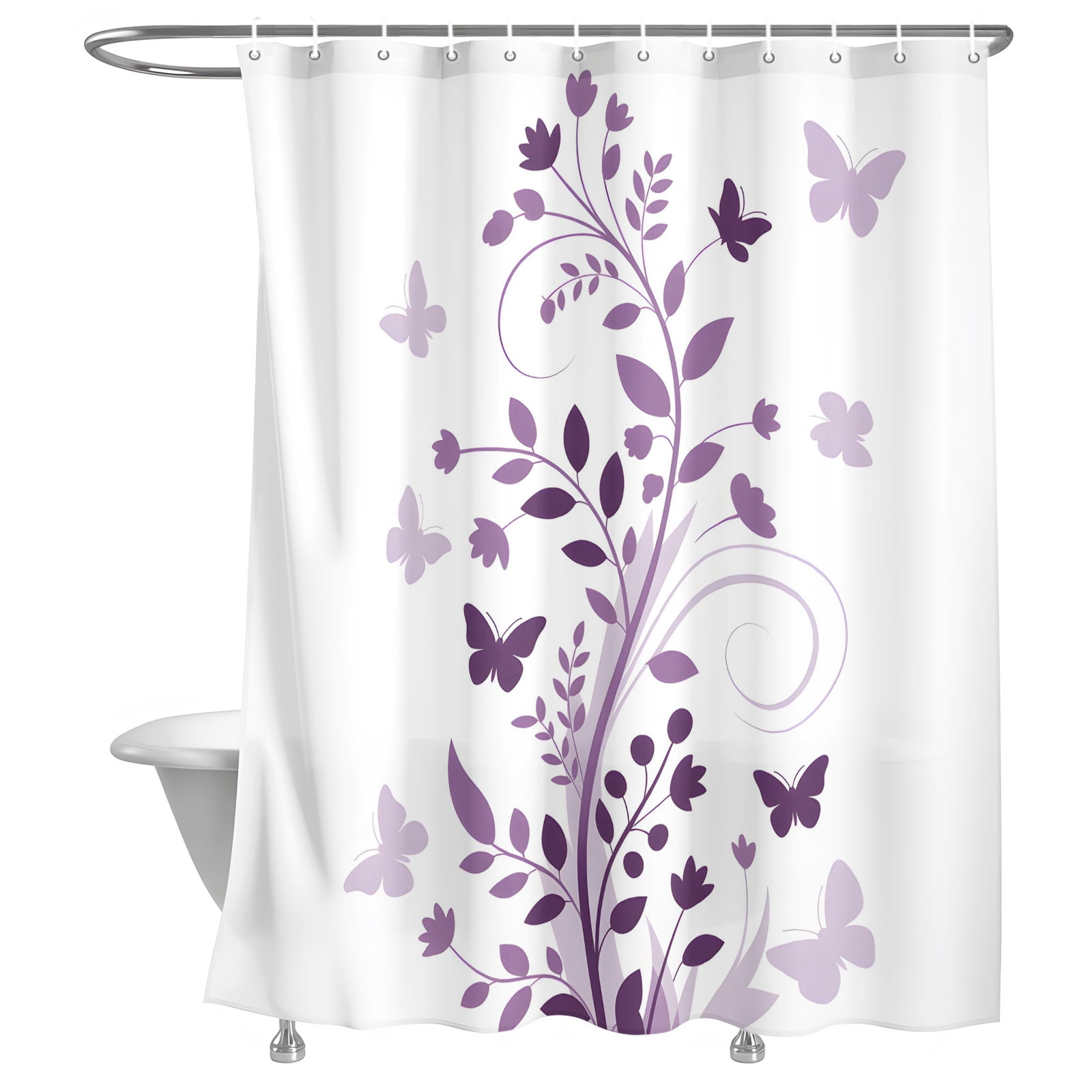 Bathroom Shower Curtain Spring Purple Flowers Butterflies Waterproof ...
