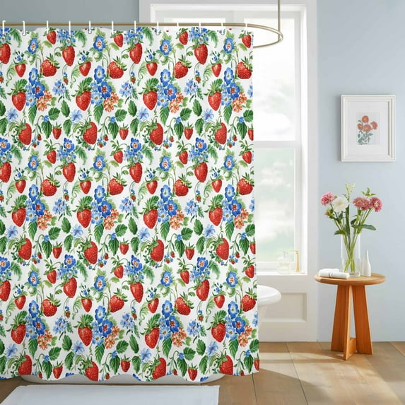 Bathroom Shower Curtain Spring Red Strawberry Blue Flower Waterproof ...