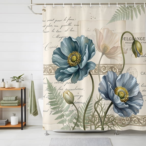 Bathroom Shower Curtain Spring Summer Blue Poppy Flowers Waterproof ...