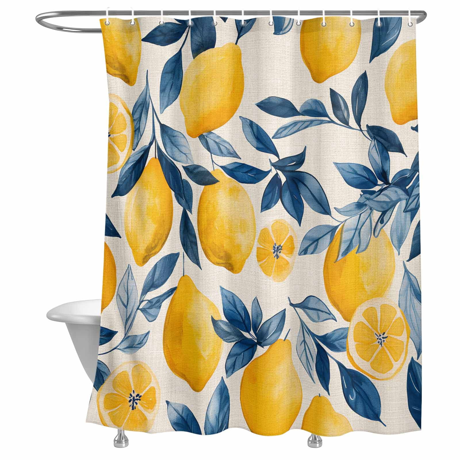 Bathroom Shower Curtain Spring Summer Watercolor Lemon Blue Leaves ...