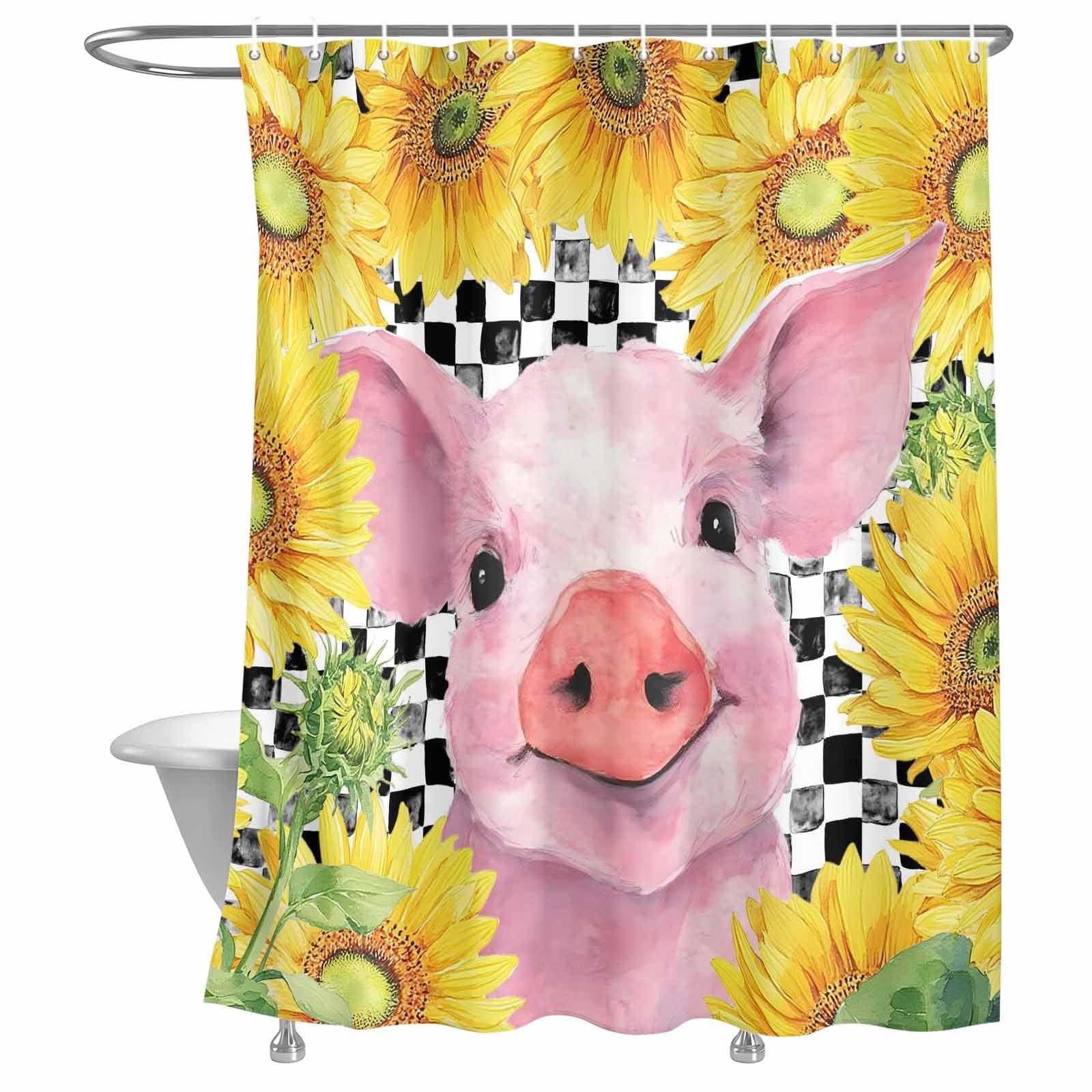 Bathroom Shower Curtain Spring Sunflower Pink Pig Waterproof Shower ...