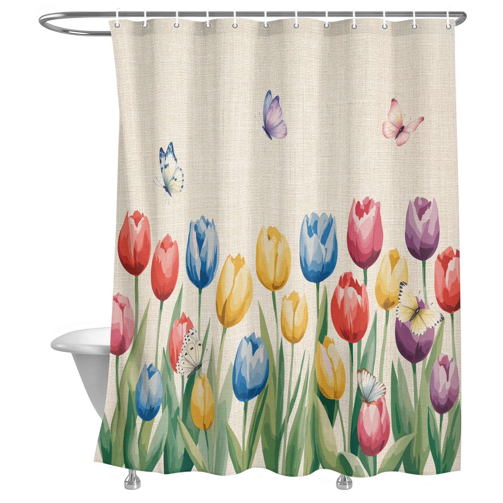 Bathroom Shower Curtain Spring Tulip Flower Butterfly Waterproof Shower ...