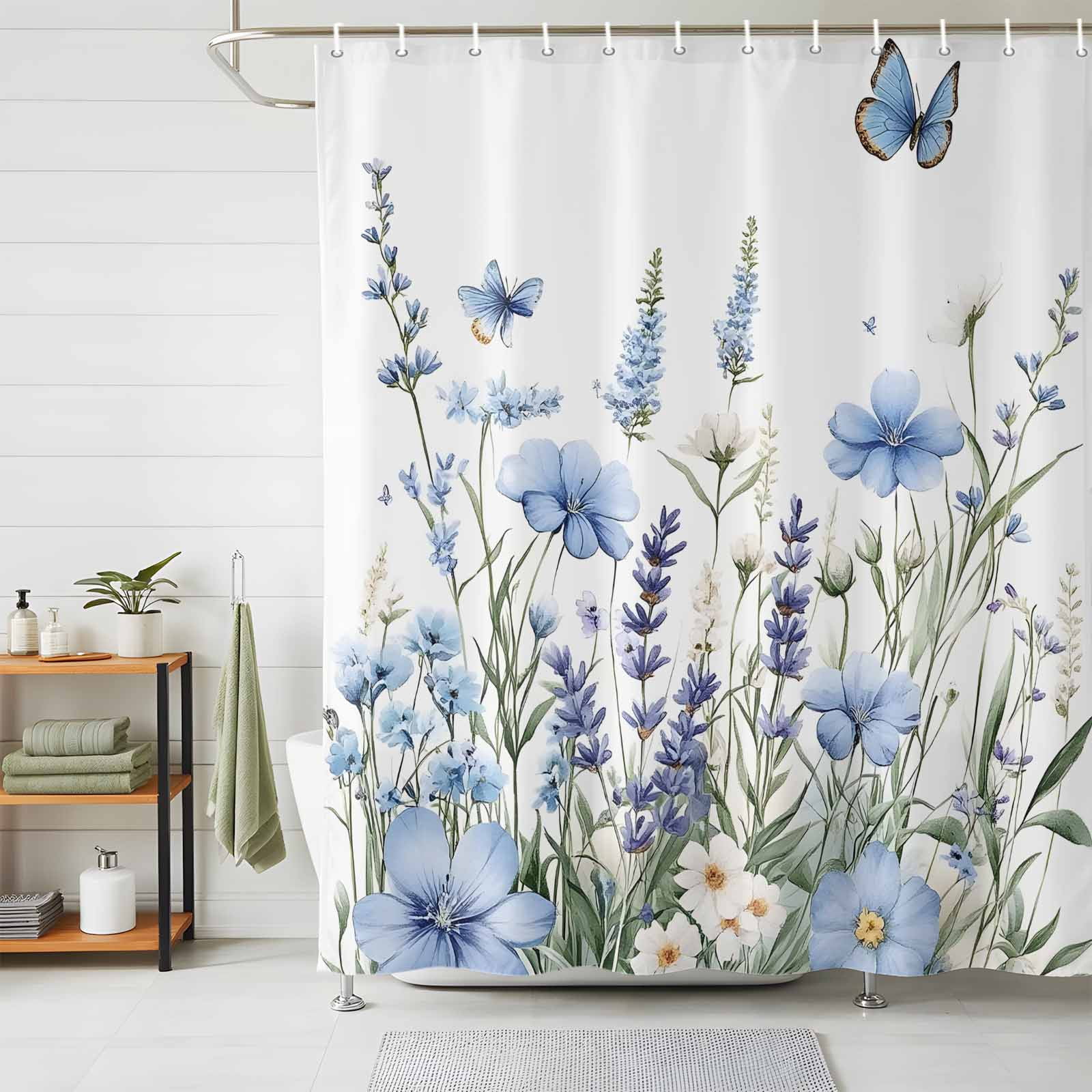 Bathroom Shower Curtain Spring Watercolor Blue Flower Butterfly ...