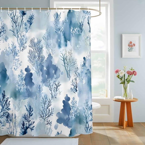 Bathroom Shower Curtain Spring Watercolor Blue Tree Forest Waterproof ...