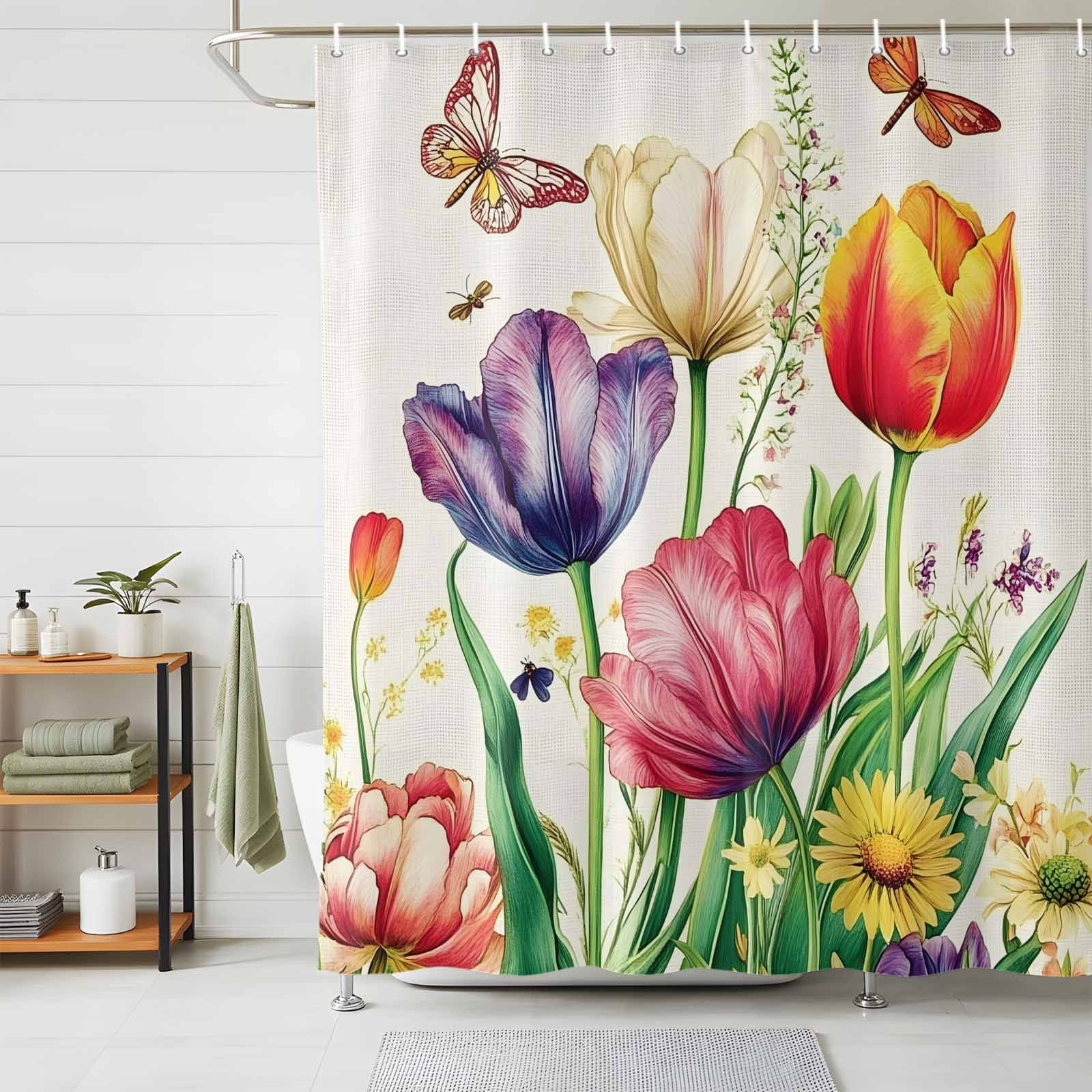 Bathroom Shower Curtain Spring Watercolor Flower Butterfly Waterproof ...