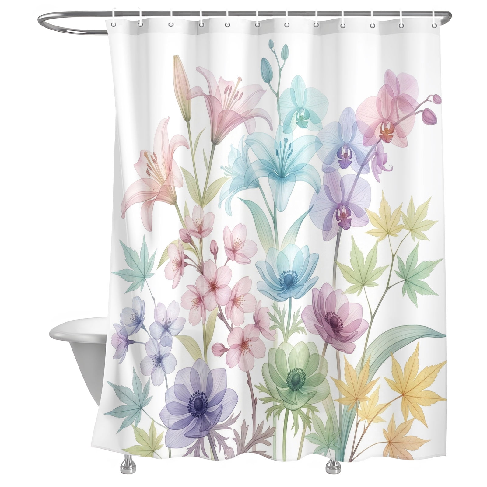 Bathroom Shower Curtain Spring Watercolor Flowers Waterproof Shower ...