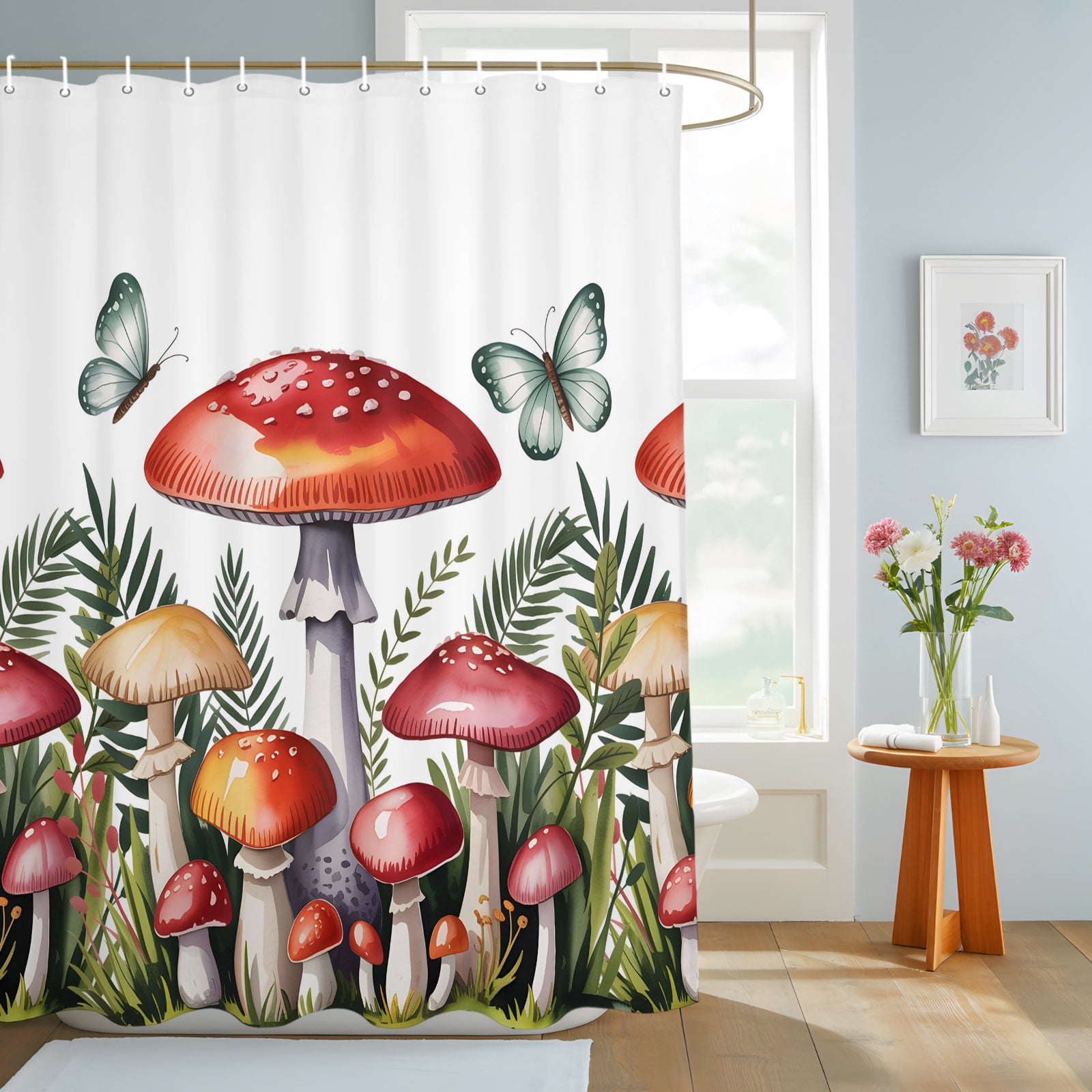 Bathroom Shower Curtain Spring Watercolor Mushroom Plant Waterproof ...
