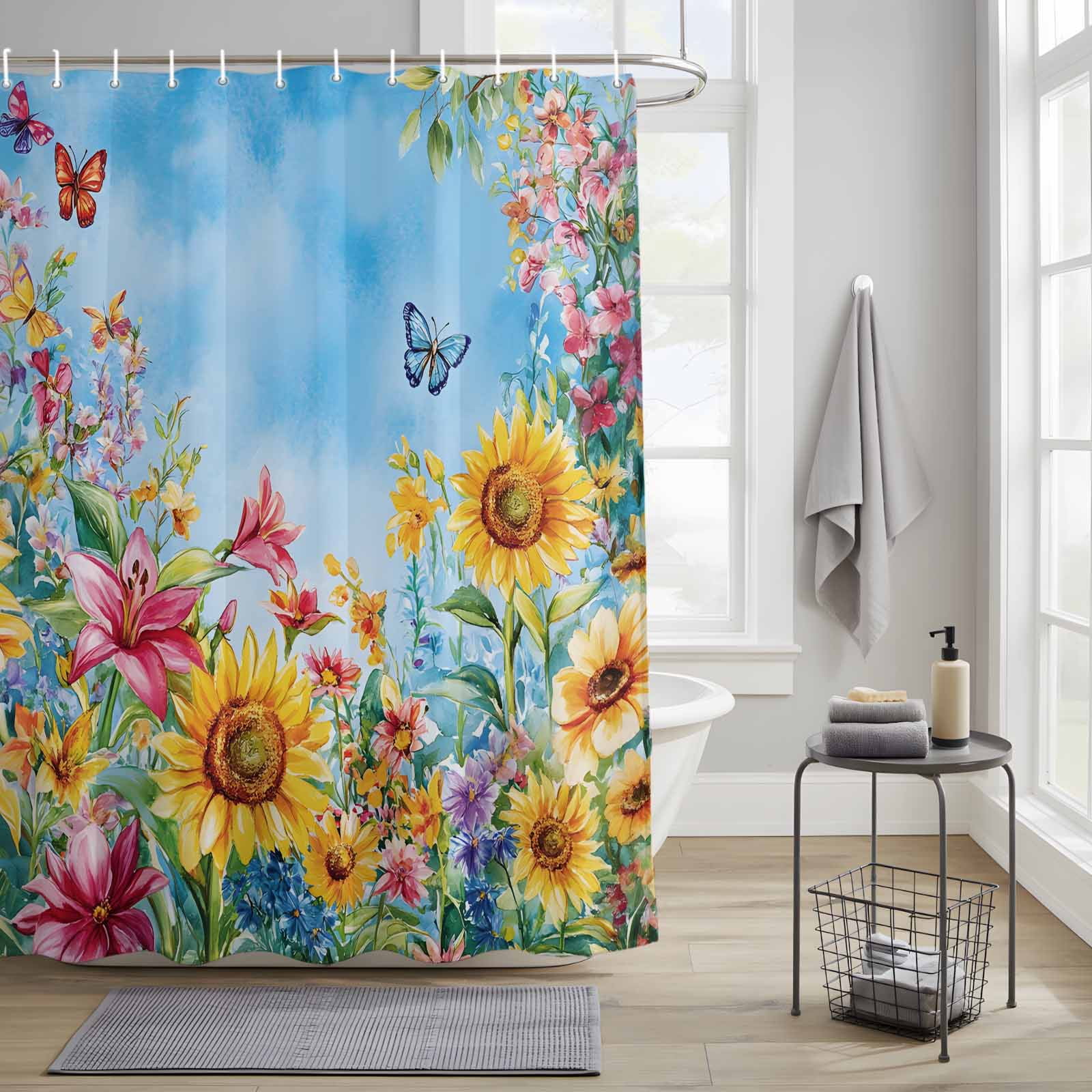 Bathroom Shower Curtain Spring Watercolor Pastoral Flower Waterproof ...