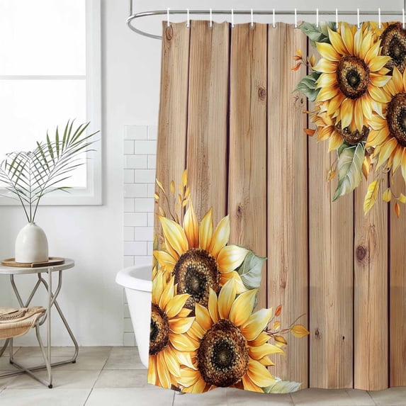 Bathroom Shower Curtain Spring Watercolor Sunflower Farm Wood Board ...