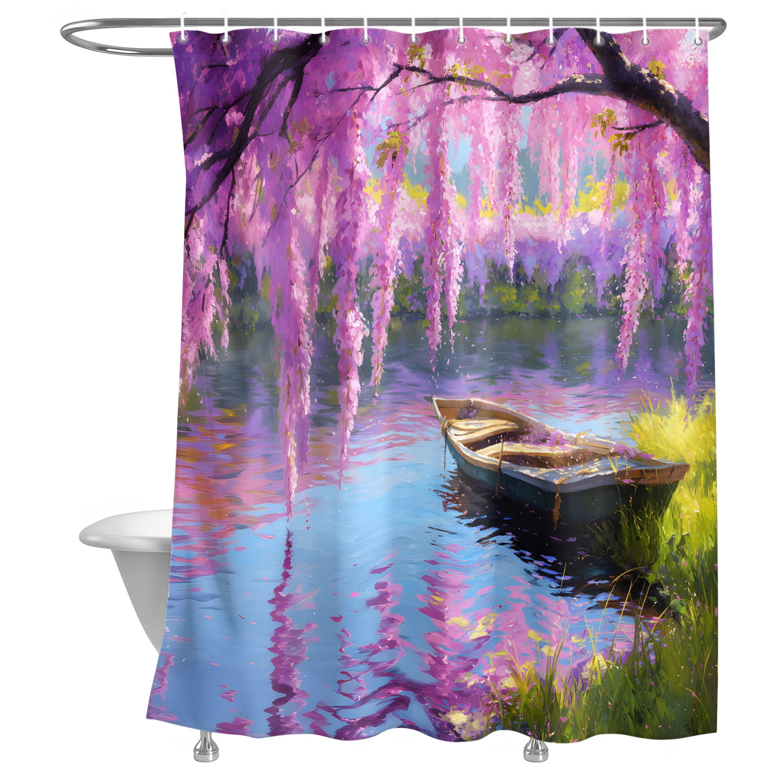 Bathroom Shower Curtain Spring Wisteria Flower Lake Boat Waterproof ...