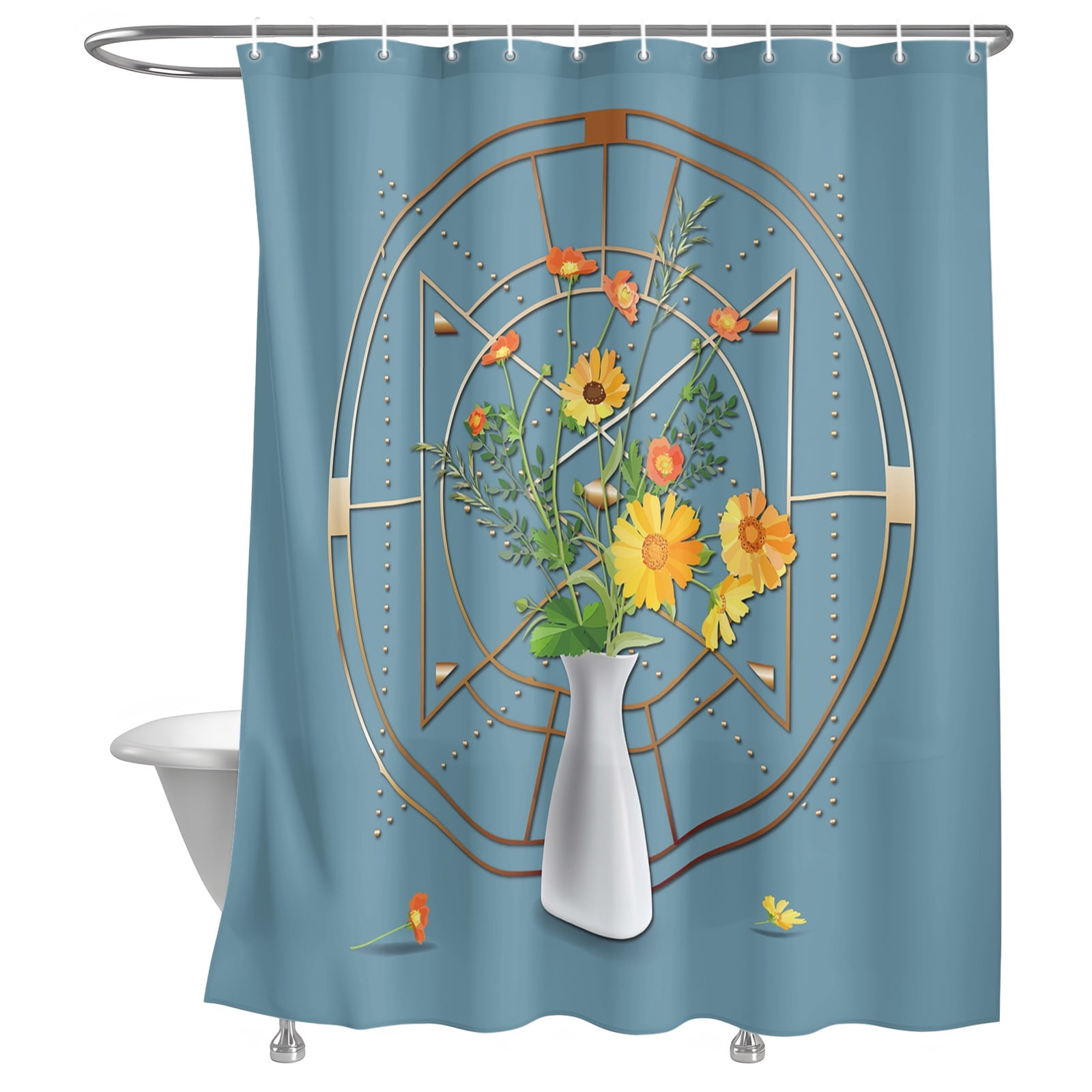 Bathroom Shower Curtain Spring Yellow Flower Vase Blue Back Waterproof ...