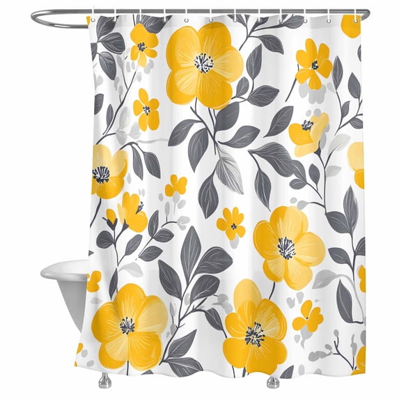 Bathroom Shower Curtain Spring Yellow Flower on White Waterproof Shower ...
