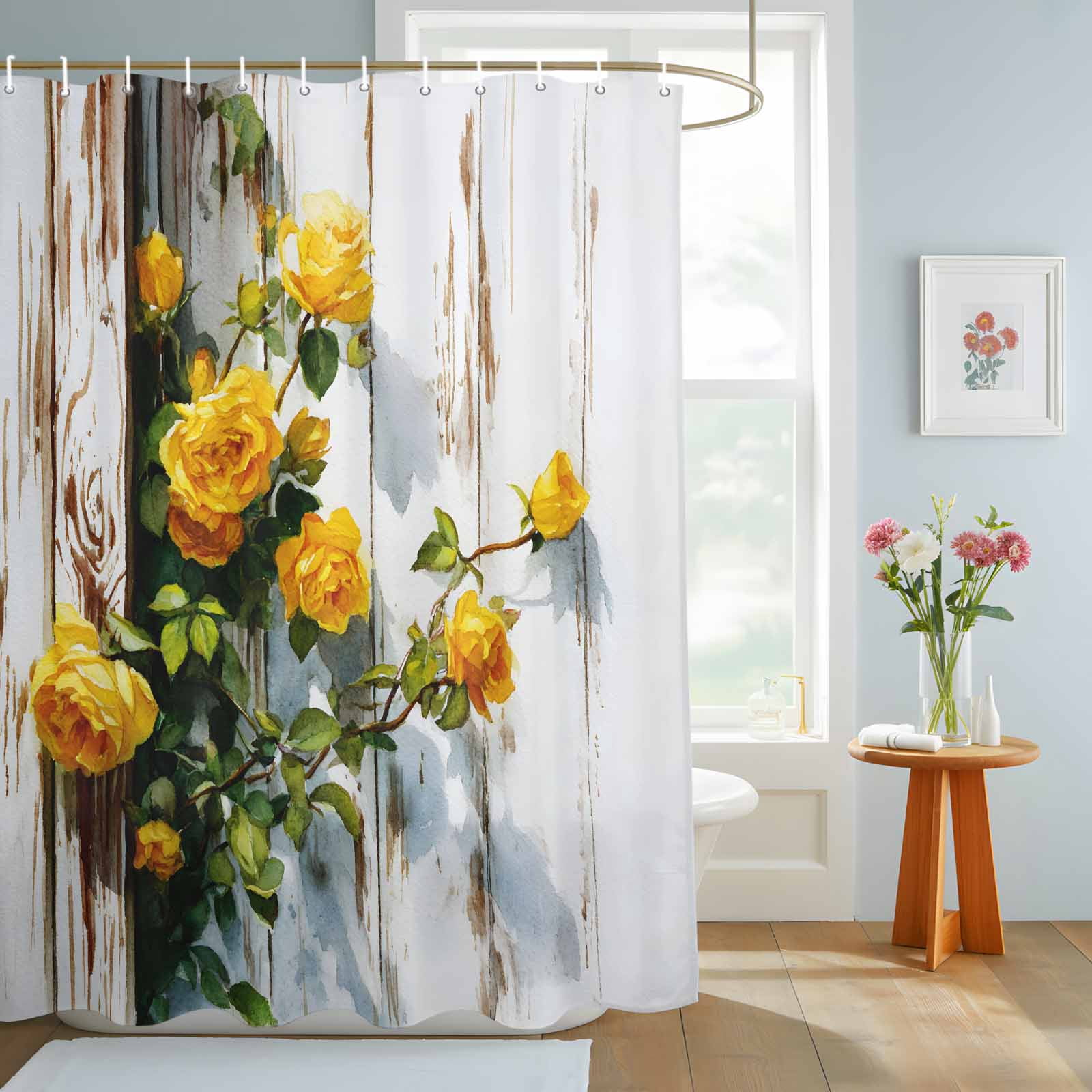 Bathroom Shower Curtain Spring Yellow Rose Flower Wood Plank Waterproof ...