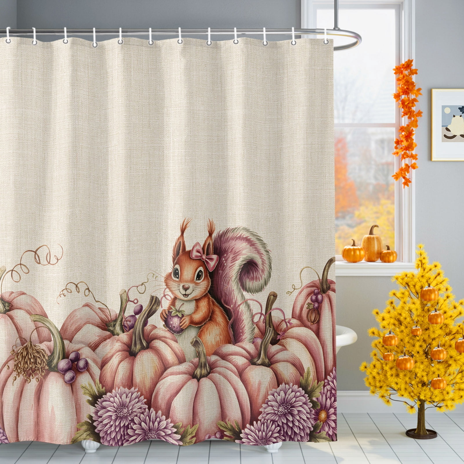 Bathroom Shower Curtain Squirrel Thanksgiving Pumpkin Floral Waterproof ...
