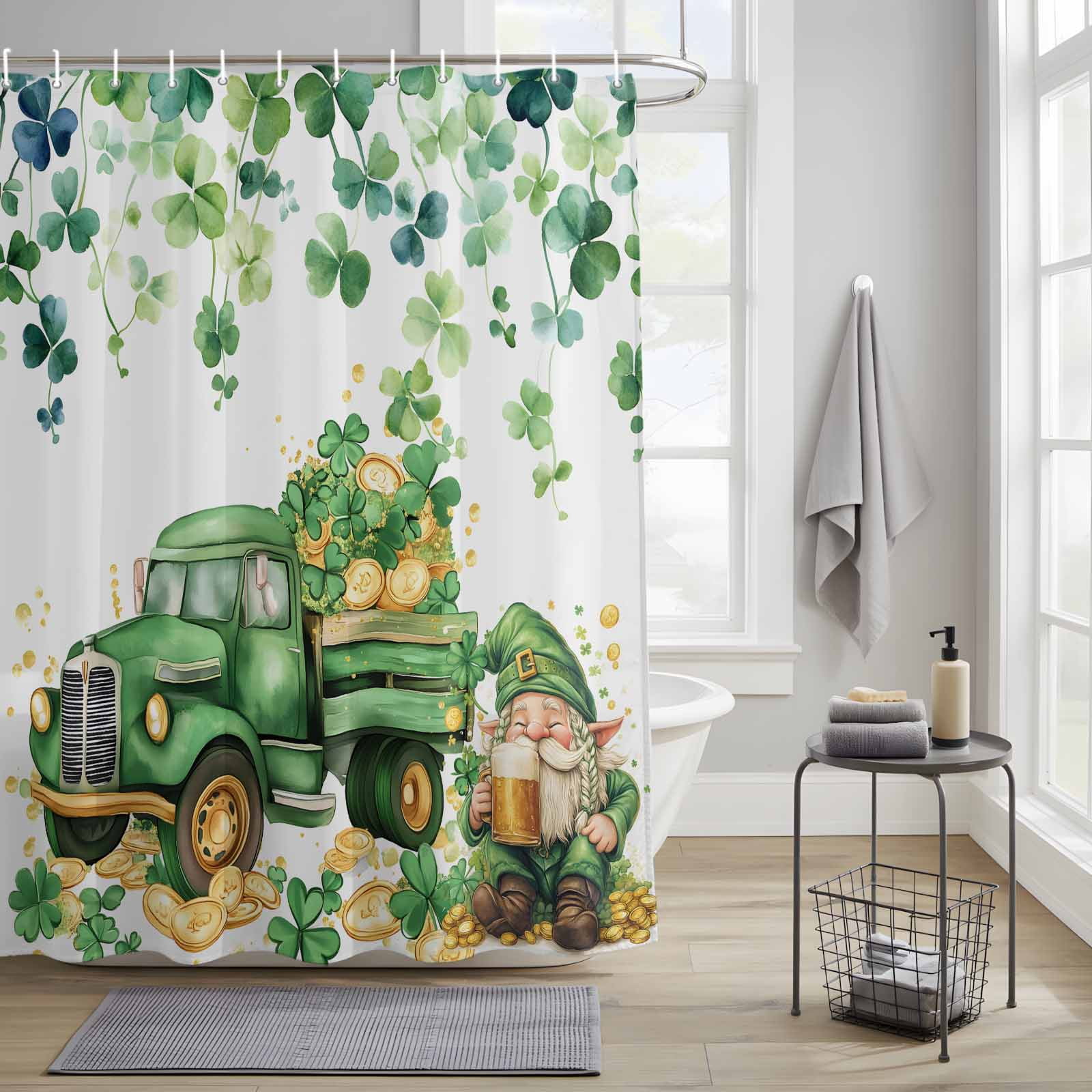 Bathroom Shower Curtain St. Patrick's Day Green Truck Gnome Waterproof ...