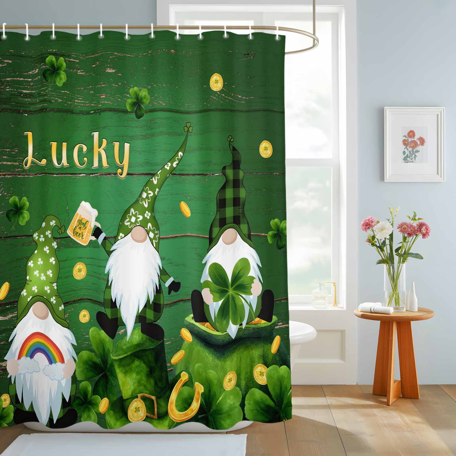 Bathroom Shower Curtain St. Patrick's Day Lucky Clovers Dwarf Gold Coin ...