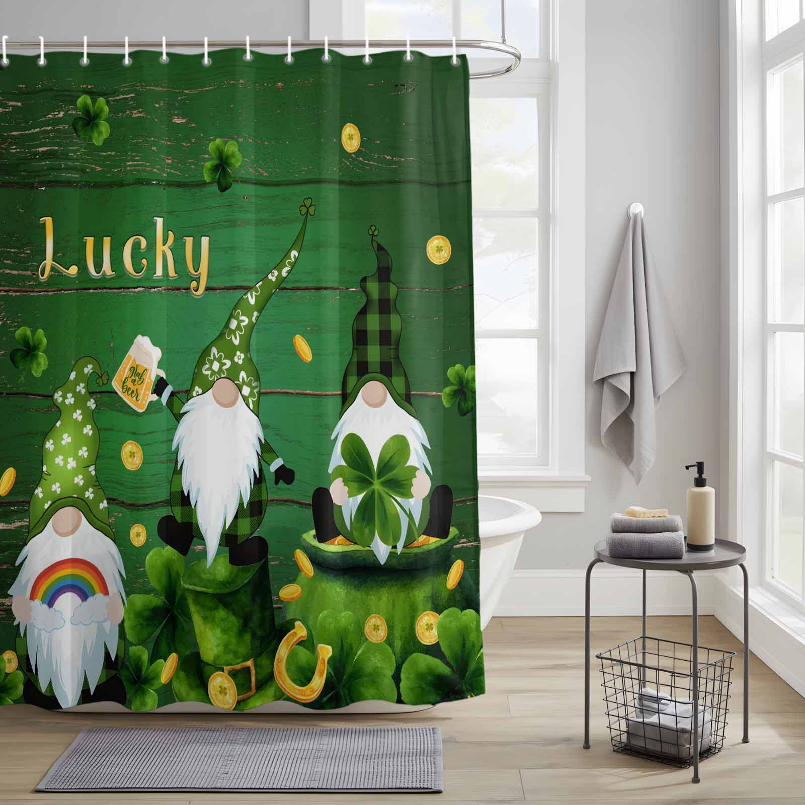 Bathroom Shower Curtain St. Patrick's Day Lucky Clovers Dwarf Gold Coin ...