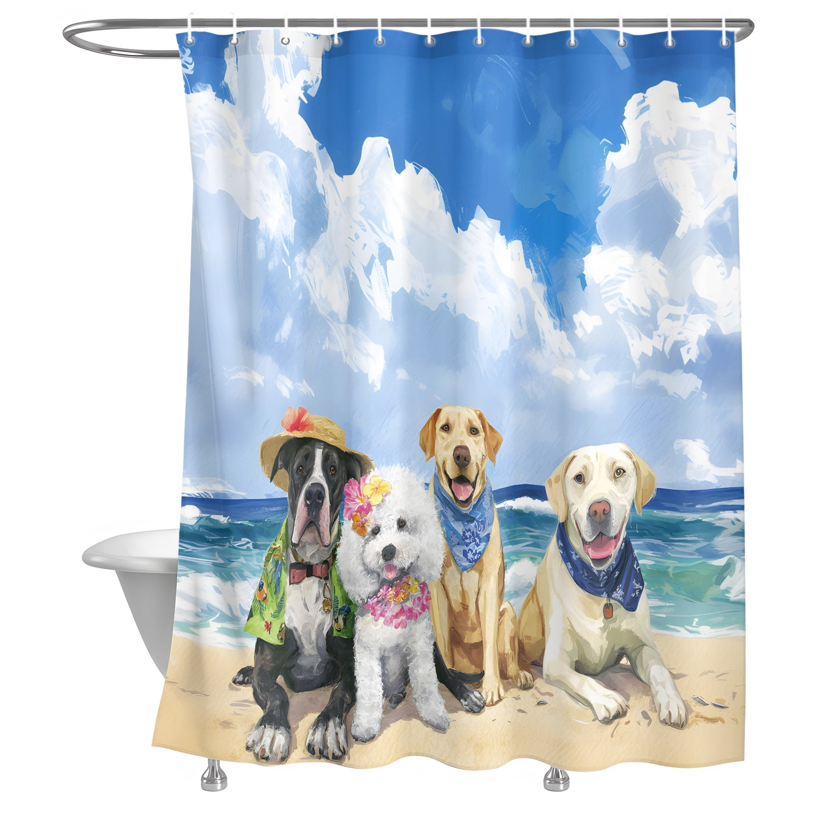 Bathroom Shower Curtain Summer Beach Pet Dogs Ocean Waterproof Shower ...