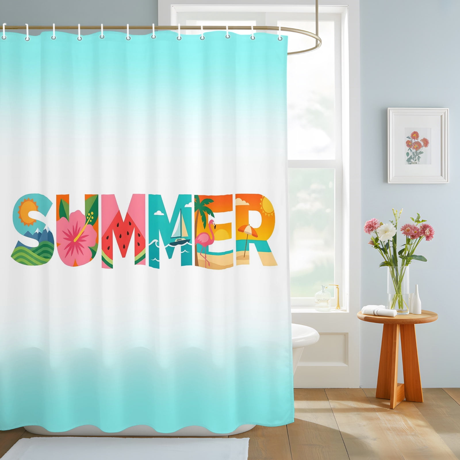 Bathroom Shower Curtain Summer Beach Vacation Flower Waterproof Shower ...