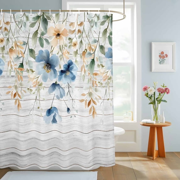 Bathroom Shower Curtain Summer Blue Flower Green Leaves Waterproof ...
