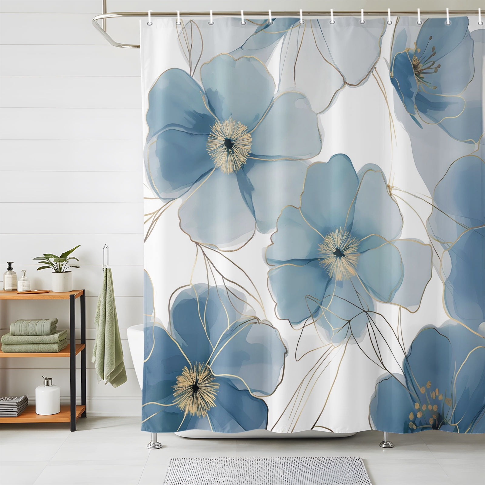 Bathroom Shower Curtain Summer Blue Poppy Flowers Waterproof Shower ...