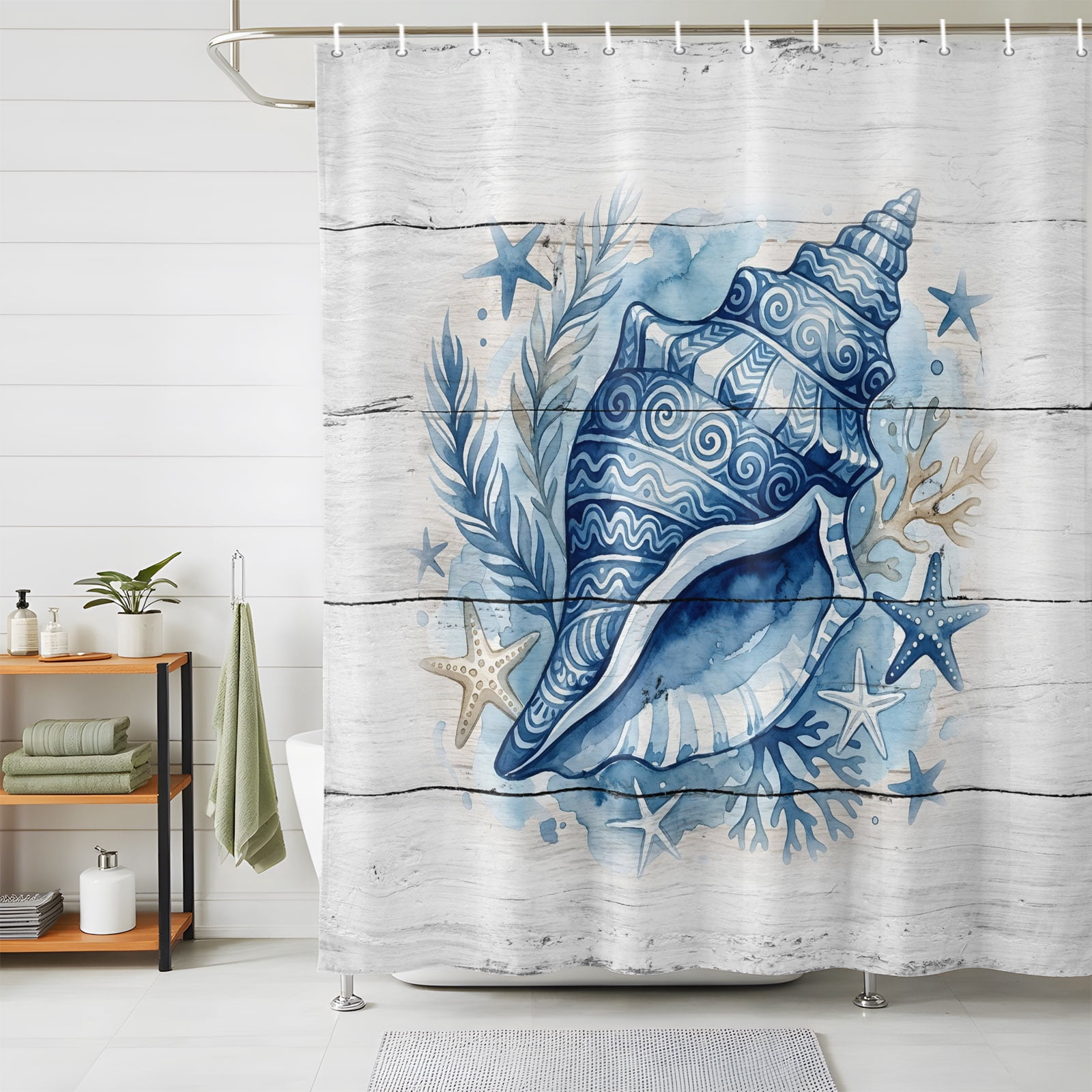 Bathroom Shower Curtain Summer Blue Sea Snails Waterproof Shower ...