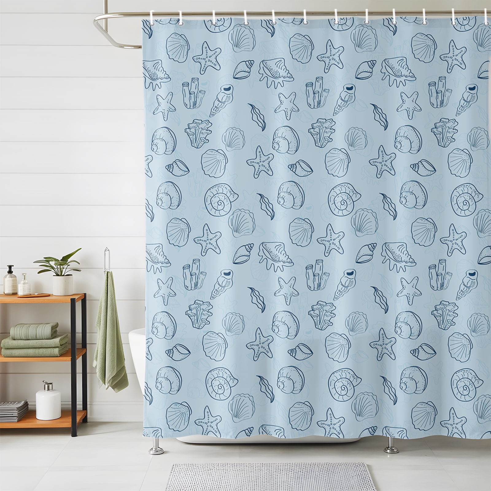 Bathroom Shower Curtain Summer Coastal Starfish Blue Shell Waterproof ...