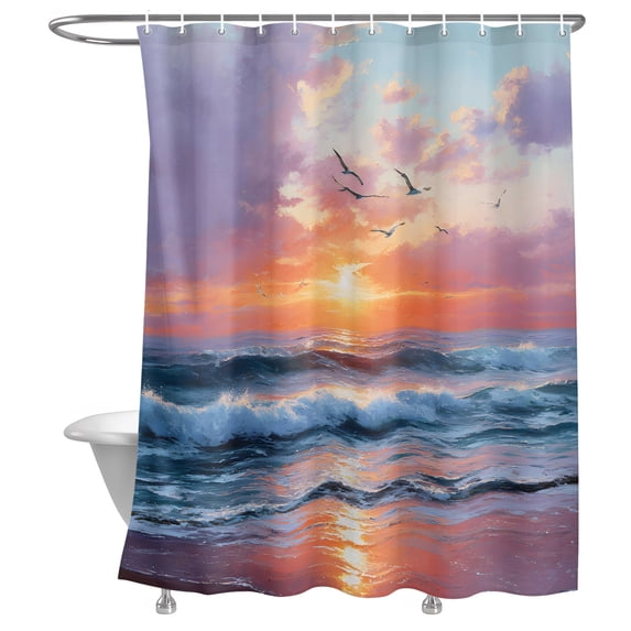 Bathroom Shower Curtain Summer Coastal Sunset Scene Waterproof Shower ...
