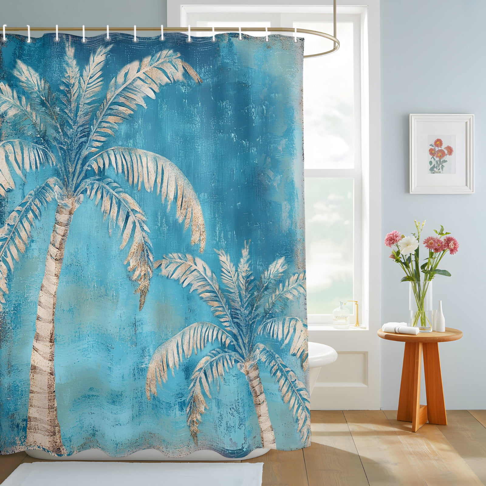 Bathroom Shower Curtain Summer Coconut Tree Blue Gradient Waterproof ...
