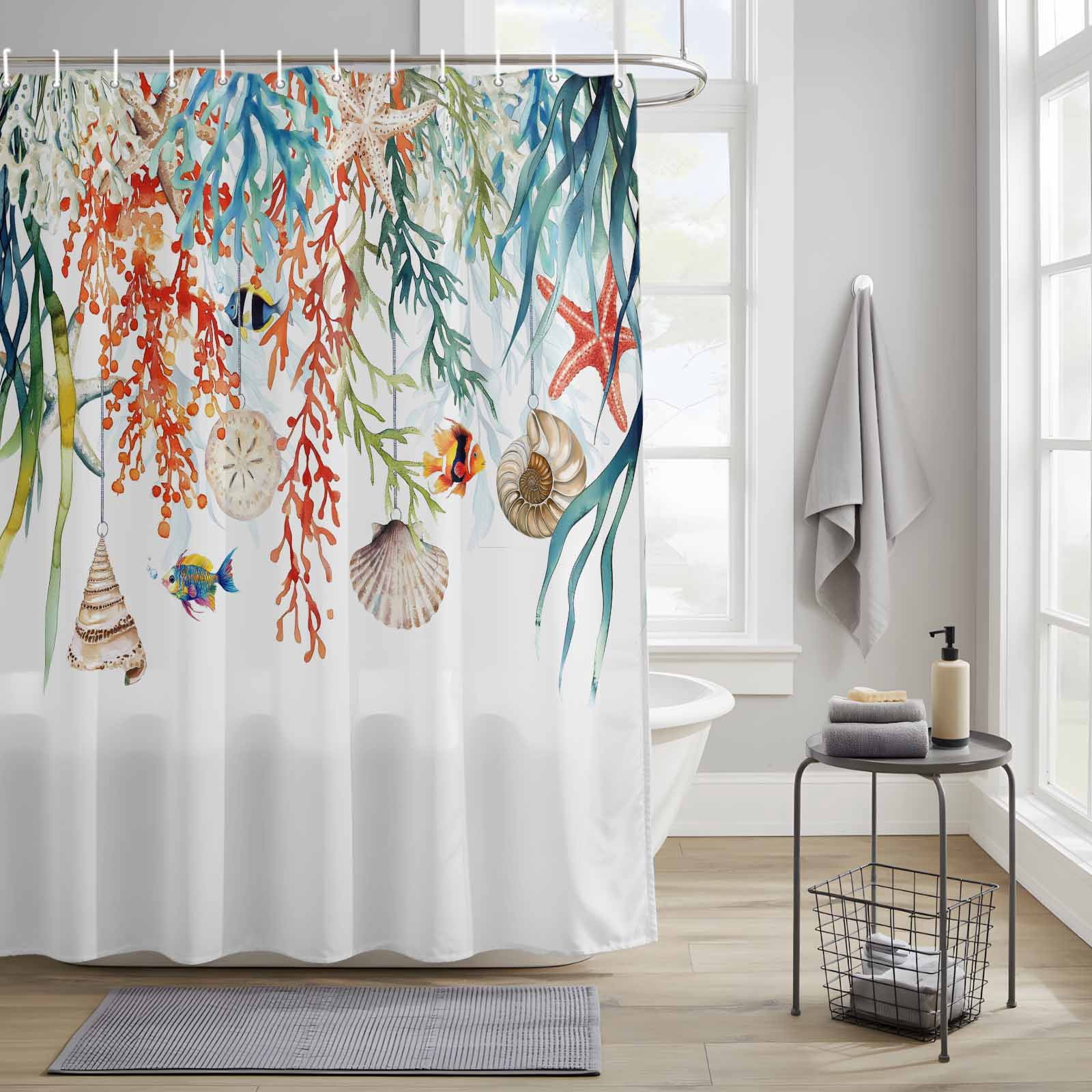 Bathroom Shower Curtain Summer Colorful Coral Shell Conch Waterproof ...