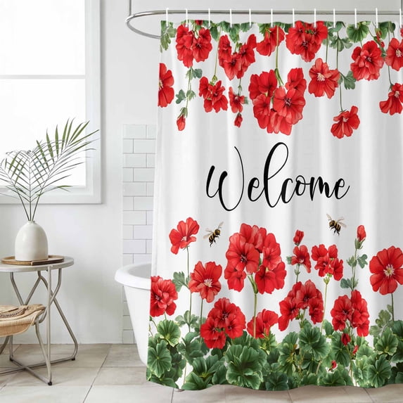 Bathroom Shower Curtain Summer Countryside Red Flowers Waterproof ...