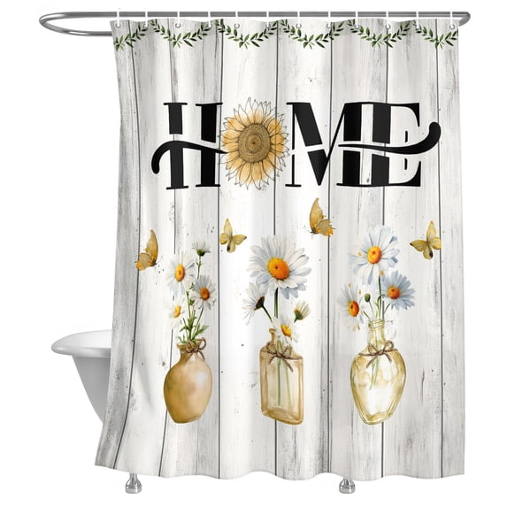 Bathroom Shower Curtain Summer Daisy Flower Butterfly Waterproof Shower ...