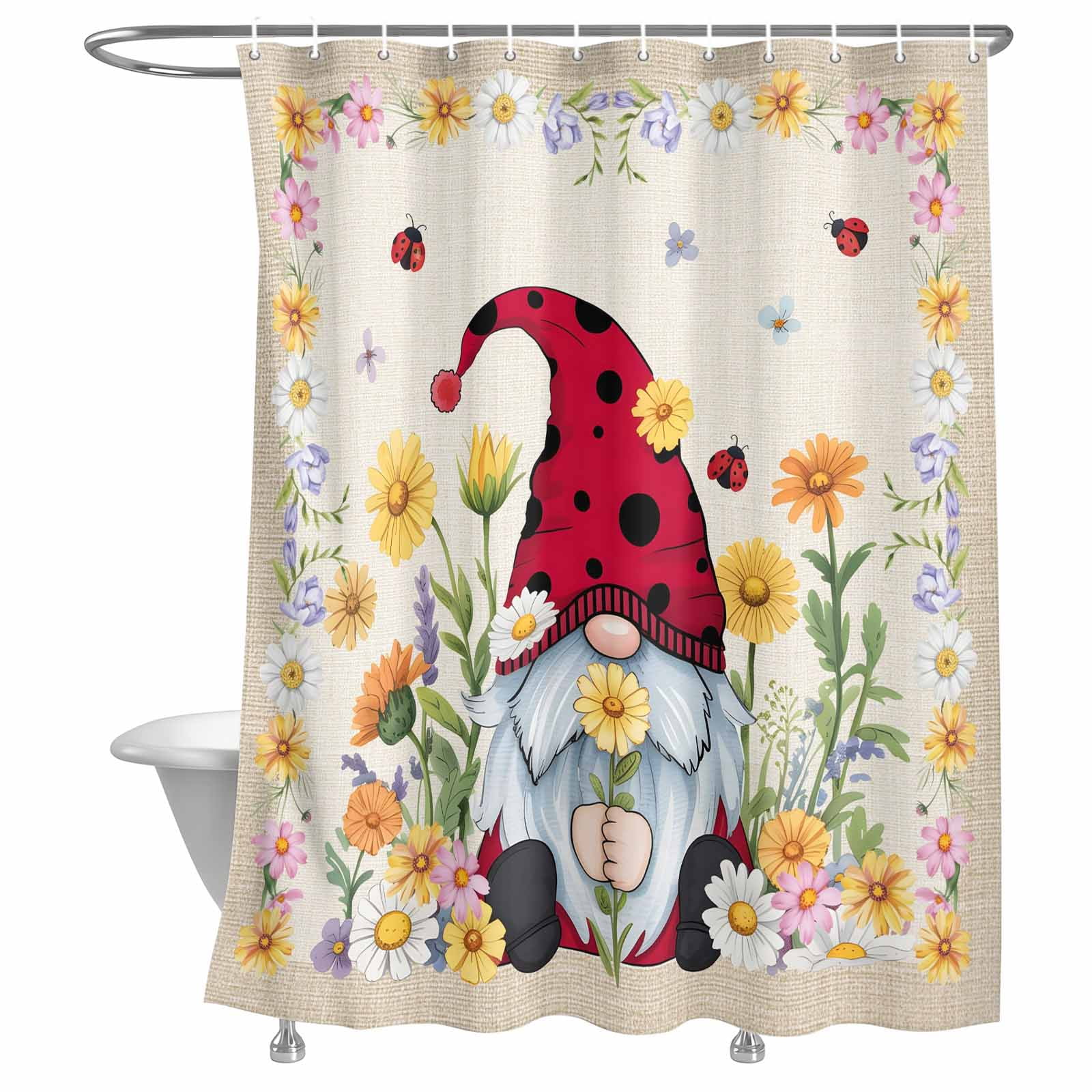 Bathroom Shower Curtain Summer Daisy Flower Ladybug Gnome Waterproof ...