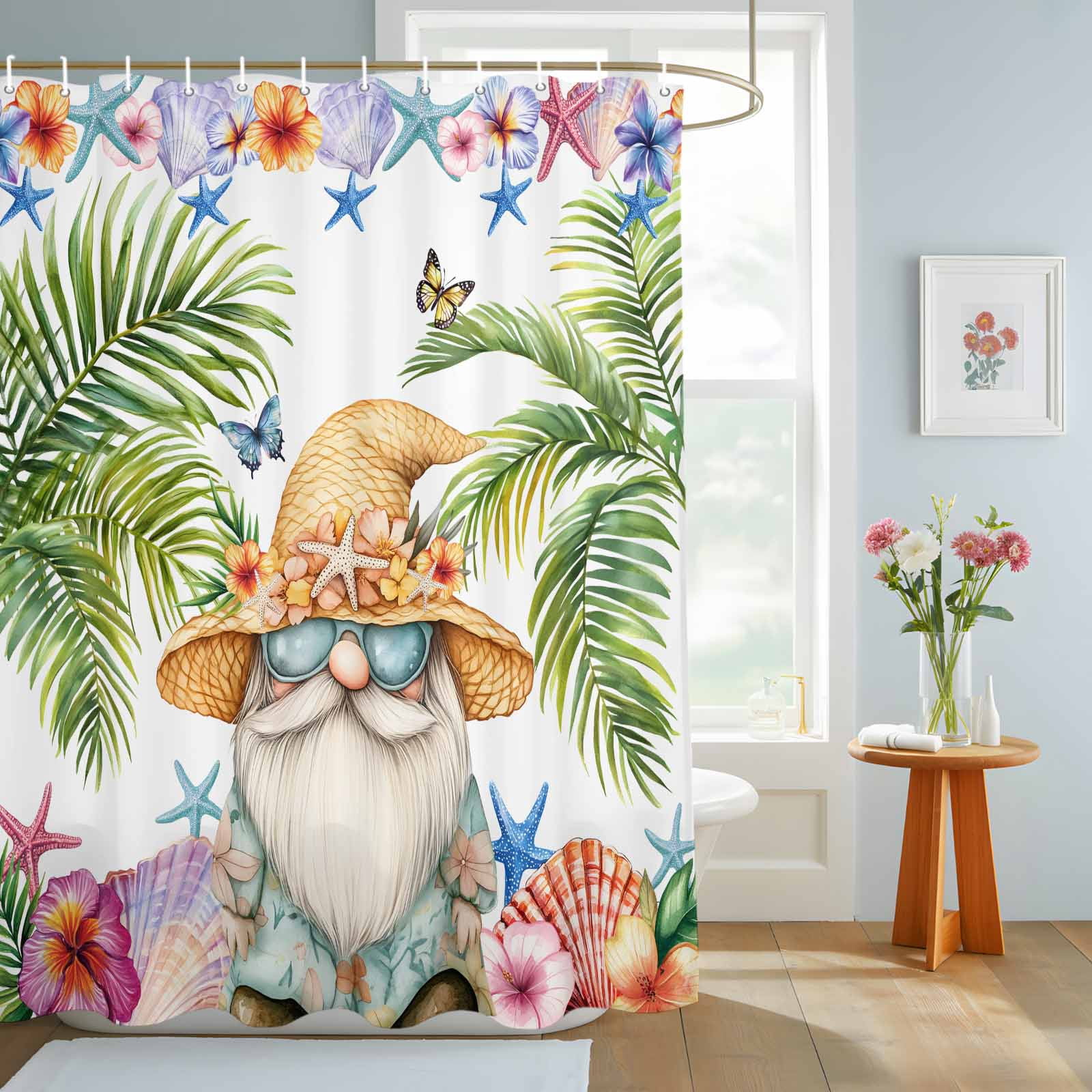 Bathroom Shower Curtain Summer Gnome Starfish Shell Flower Waterproof ...